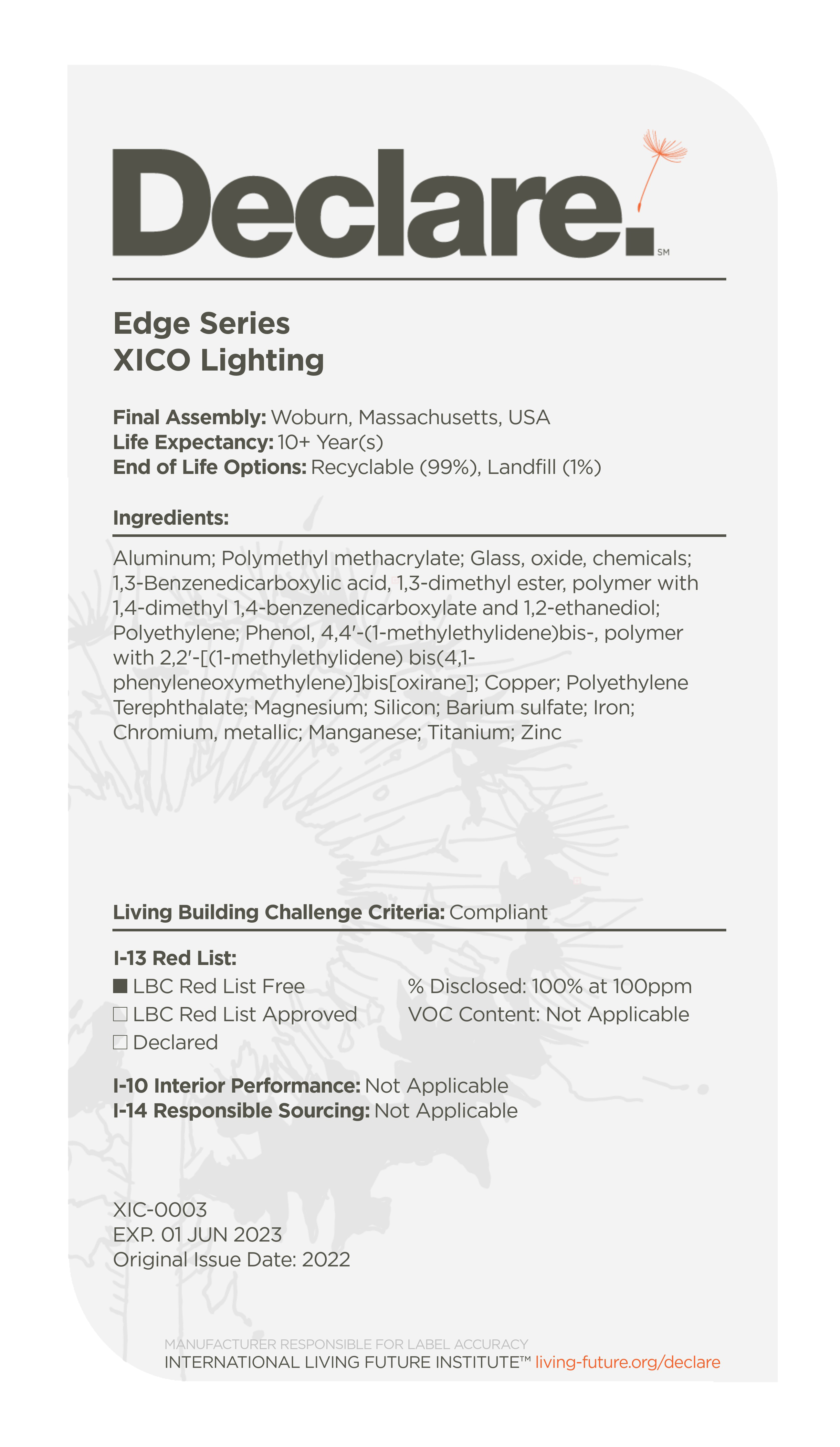 Declare labeled and Red List Free Products - Xico Lighting